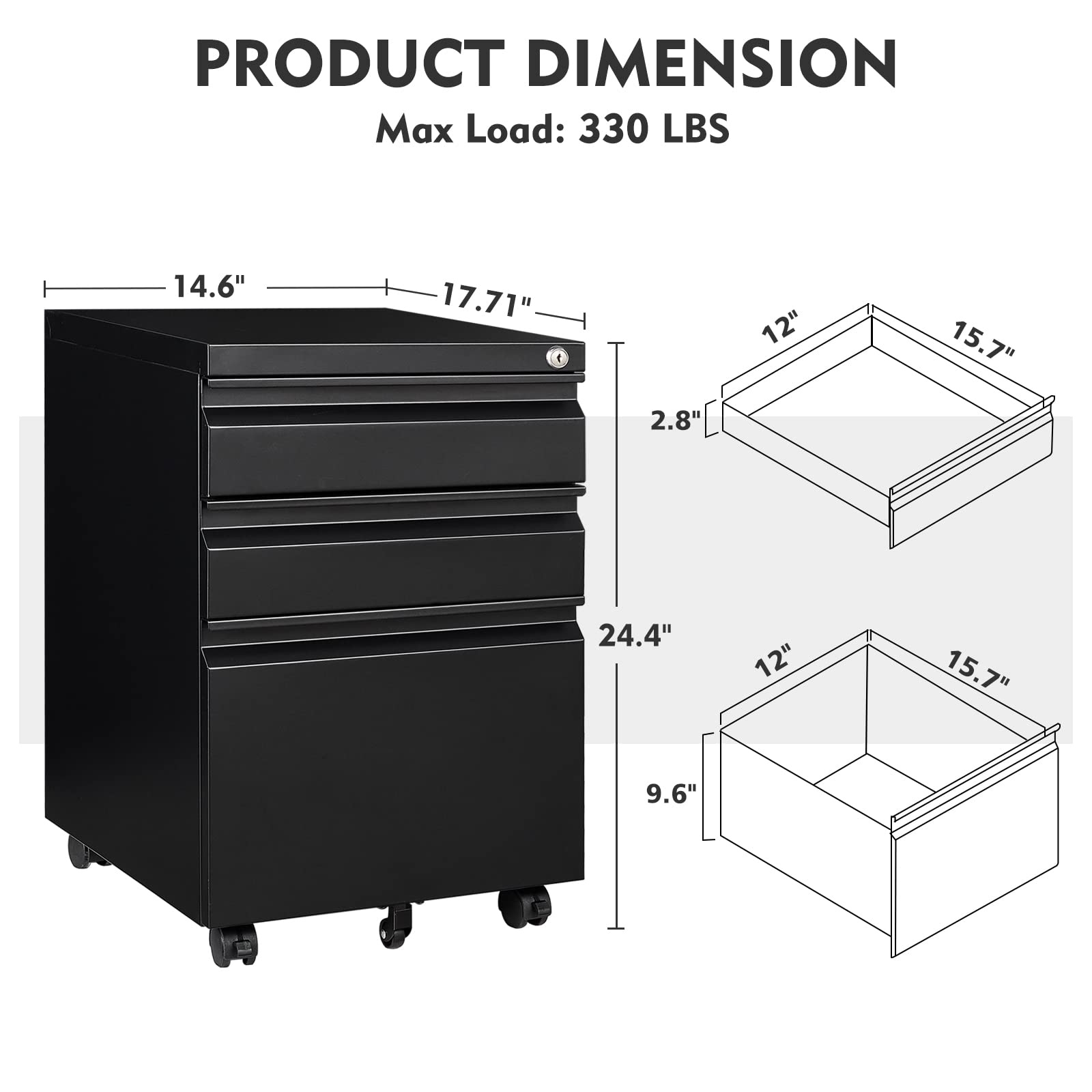 MIIIKO 3 Drawer File Cabinet, Metal Filing Cabinet with Lock Rolling Wheels, Office Storage Under Desk,Deep Drawers for Hanging Legal Letter Fill, Full Assembled Except Casters