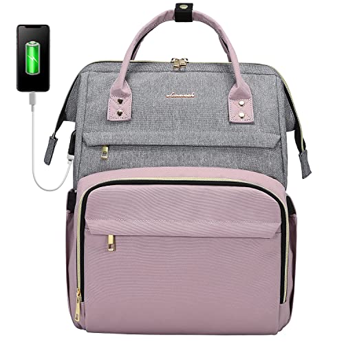 LOVEVOOK Laptop Backpack for Women Fashion Business Computer Backpacks Travel Bags Purse Doctor Nurse Work Backpack with USB Port, Fits 15.6-Inch Laptop Grey-Light Purple