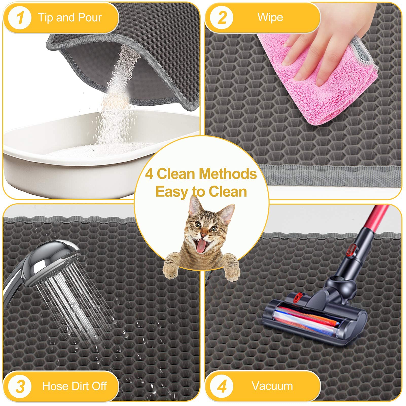 Cat Litter Mat Grey Trapping for Litter Box, XL Jumbo 30 x 24 in, Urine & Waterproof, Honeycomb Double Layer Anti Tracking Kitty Mats, No Phthalate, Washable Easy Clean, Scatter Control