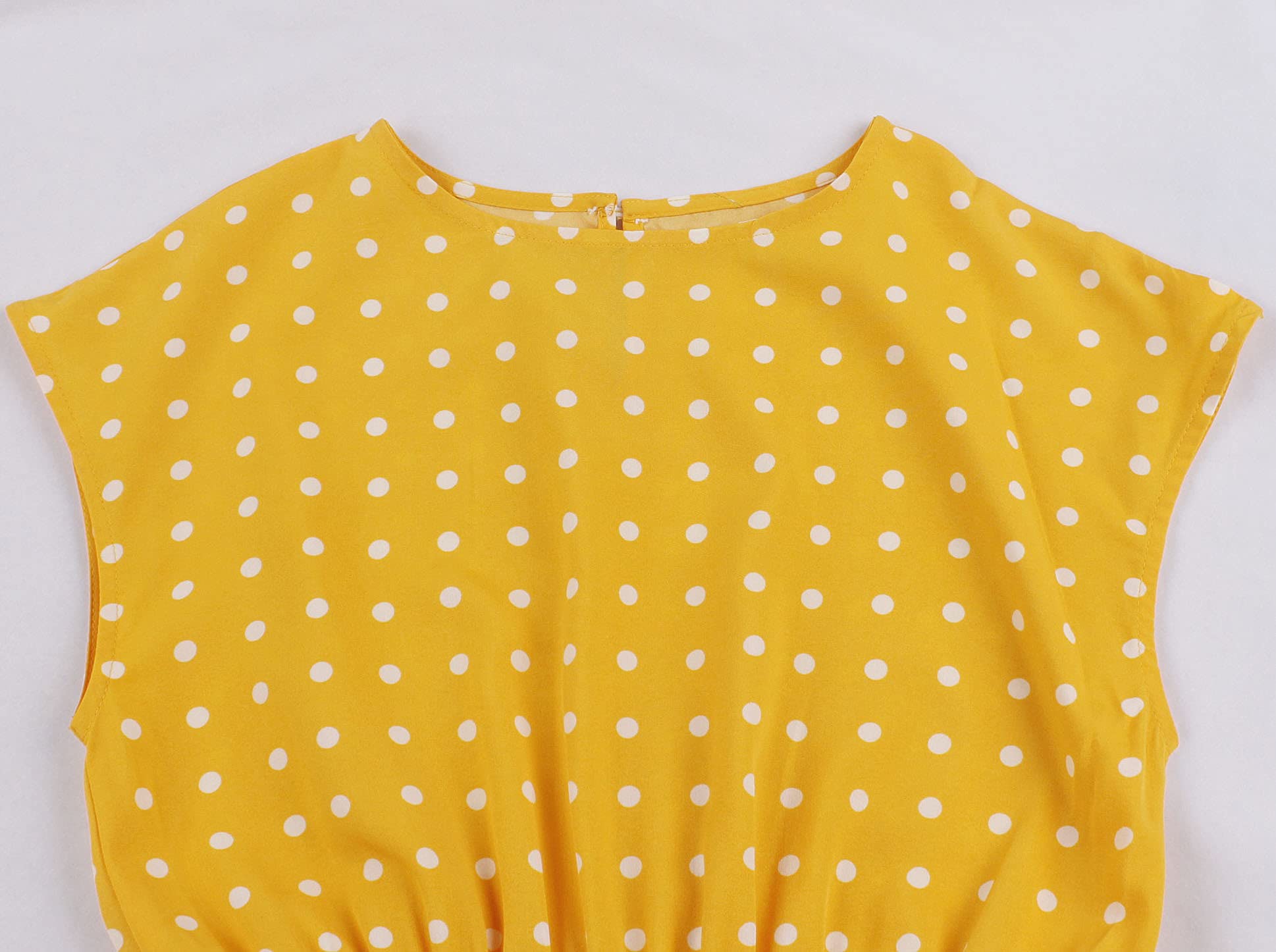 Wellwits Women's Cap Sleeves Pleated 40s 50s Vintage Dress Yellow Polka Dots L