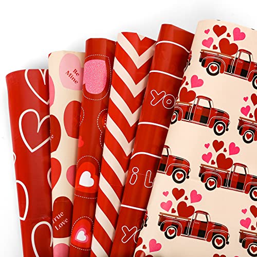 Whaline 12 Sheet Valentine's Day Wrapping Paper Red Heart Truck Gift Wrapping Paper 19.7 x 27.6 Inch I Love You Prints Sweet Present Packing Paper for Wedding Anniversary Baby Shower Birthday