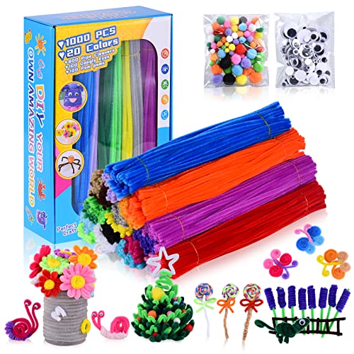 LHSQIOQIO Pipe Cleaners, 1000 Pcs 20 Assorted Colors 12 Inch Chenille Stems Craft Supplies with Pom Poms and Googly Eyes, Great for DIY Art Craft