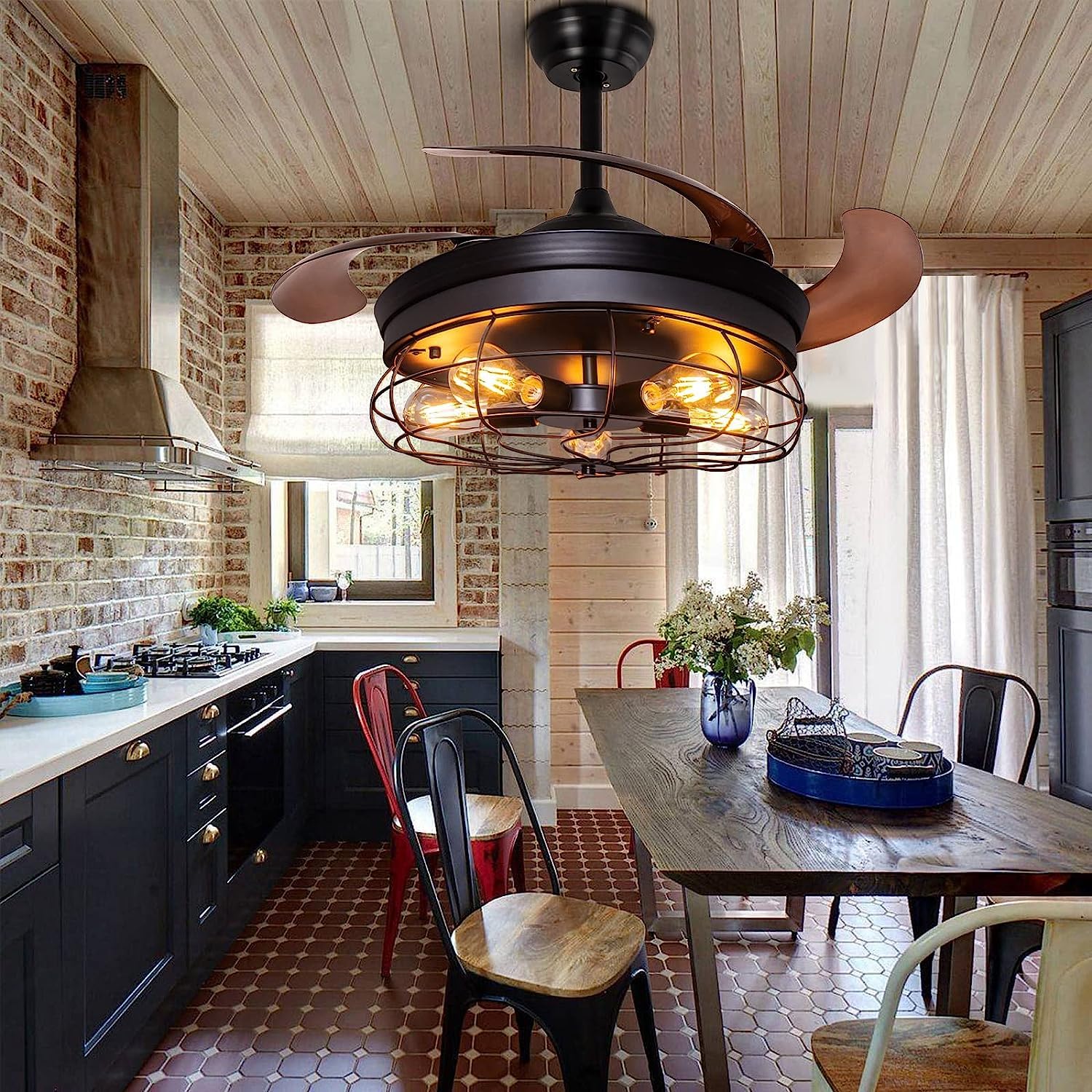 Ohniyou Retractable Blades Ceiling Fan with Lights and Remote, Rustic Industrial Ceiling Fan Ideal for Farmhouse, Patio, Kitchen, Bedroom, Living Room (42 Inches, Black)