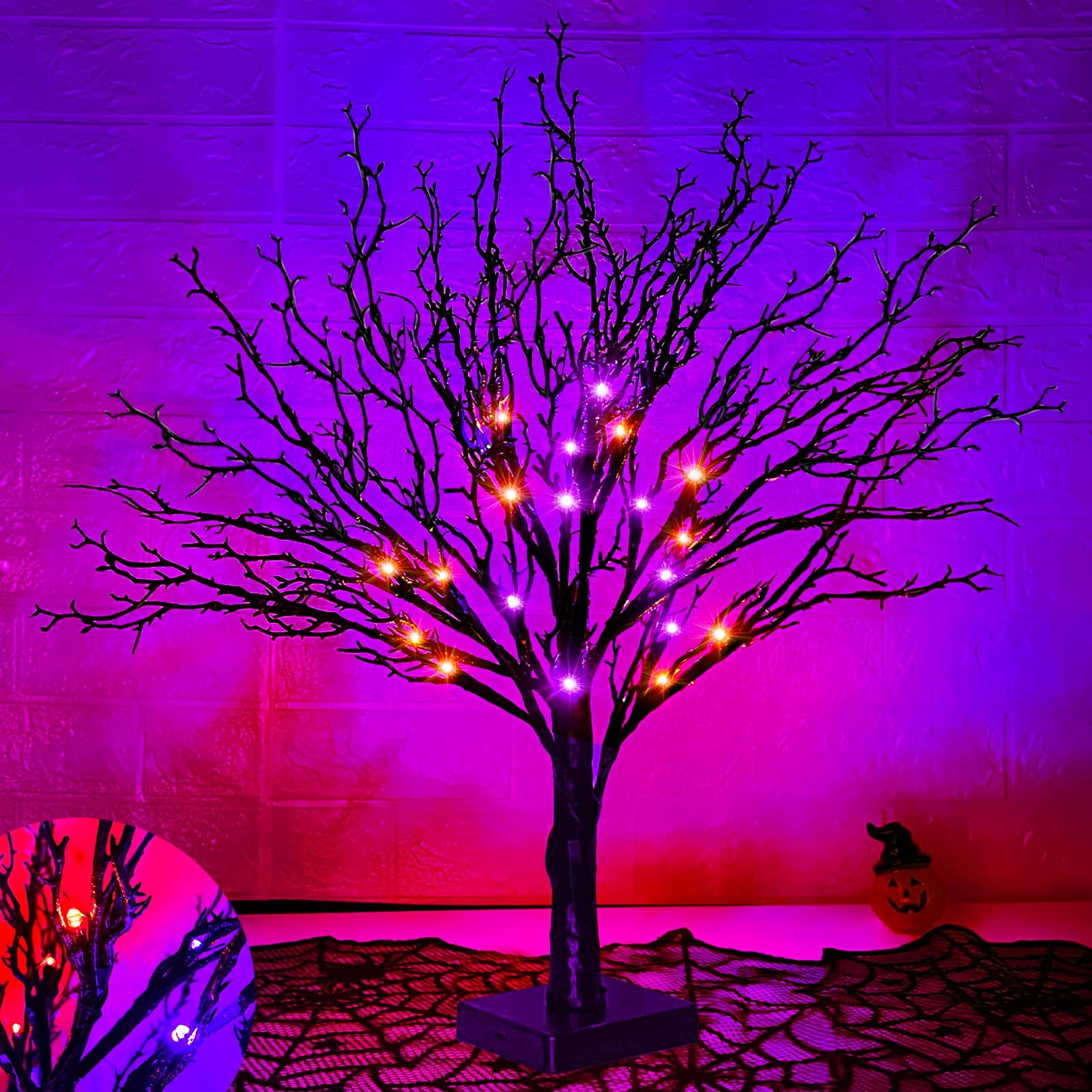 [ Timer ] 24 Inch Orange & Purple Lighted Halloween Tree with 24 LED Black Twigs Tree Lights Battery Operated Tabletop Halloween Spooky Tree Decorations for Indoor Home Party Holiday Festival Decor
