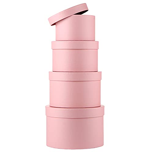 Oairse Pink Round Gift Boxes with Lids for Presents Round Flower Boxes for Arrangements 4 Packs Nesting Gift Boxes with Lids for Bridesmaid, Proposal, Wedding, Birthday, Baby Showers