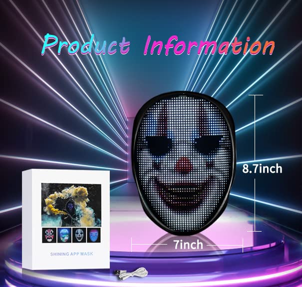 LED Mask-APP Programmable Control Glowing, RGB Full Color Light Up Mask, for Kids Men Women Halloween Costume Cosplay Party Gift (USBC Rechargable)