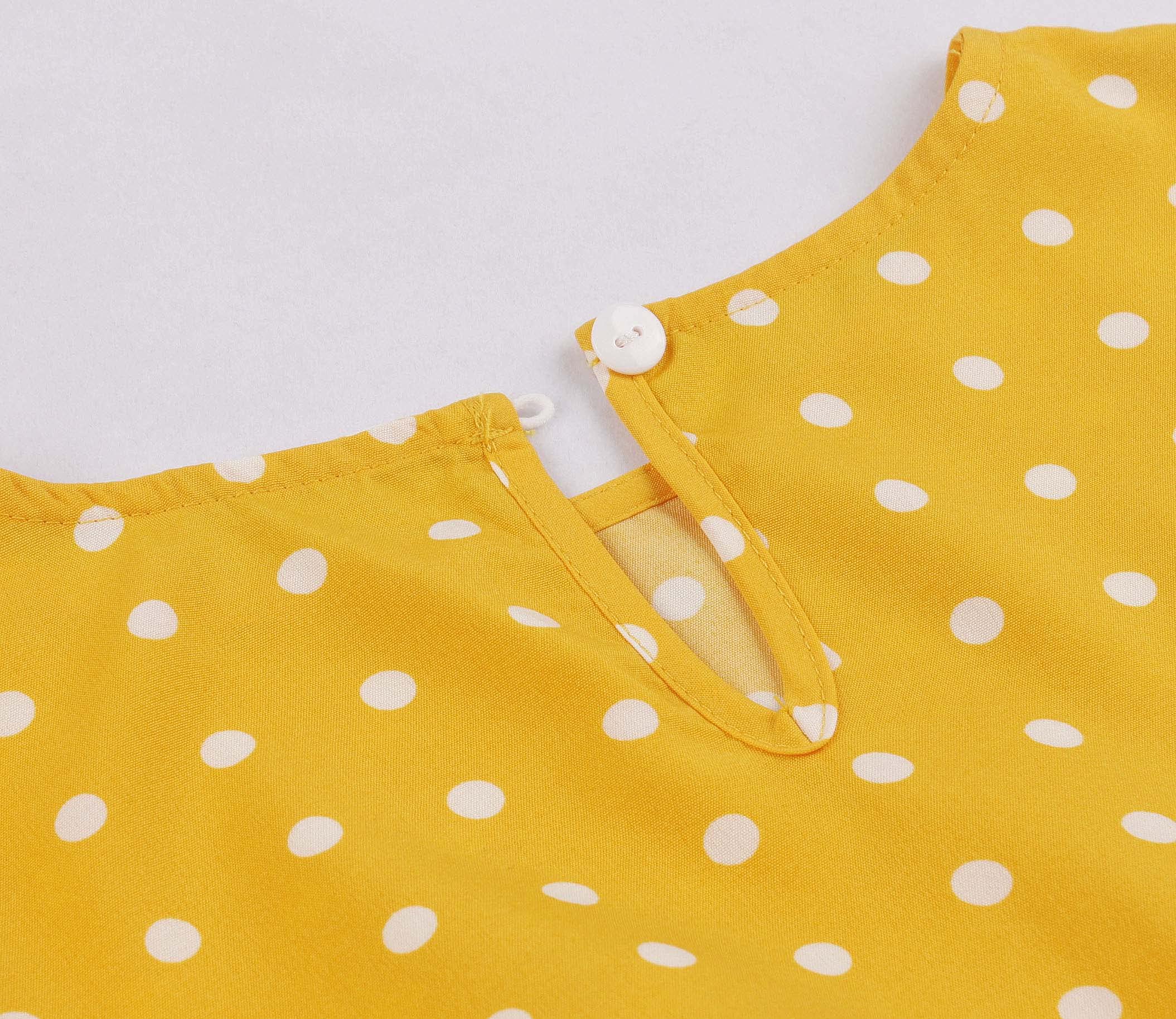 Wellwits Women's Cap Sleeves Pleated 40s 50s Vintage Dress Yellow Polka Dots L