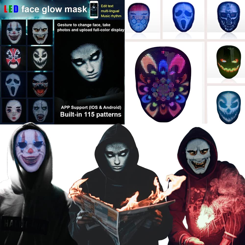 LED Mask-APP Programmable Control Glowing, RGB Full Color Light Up Mask, for Kids Men Women Halloween Costume Cosplay Party Gift (USBC Rechargable)