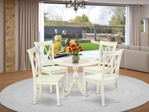 East West Furniture DMCL5-LWH-W 5 Piece Dining Room Table Set Includes a Round Dining Table with Dropleaf and 4 Wood Seat Chairs, 42x42 Inch, Linen White