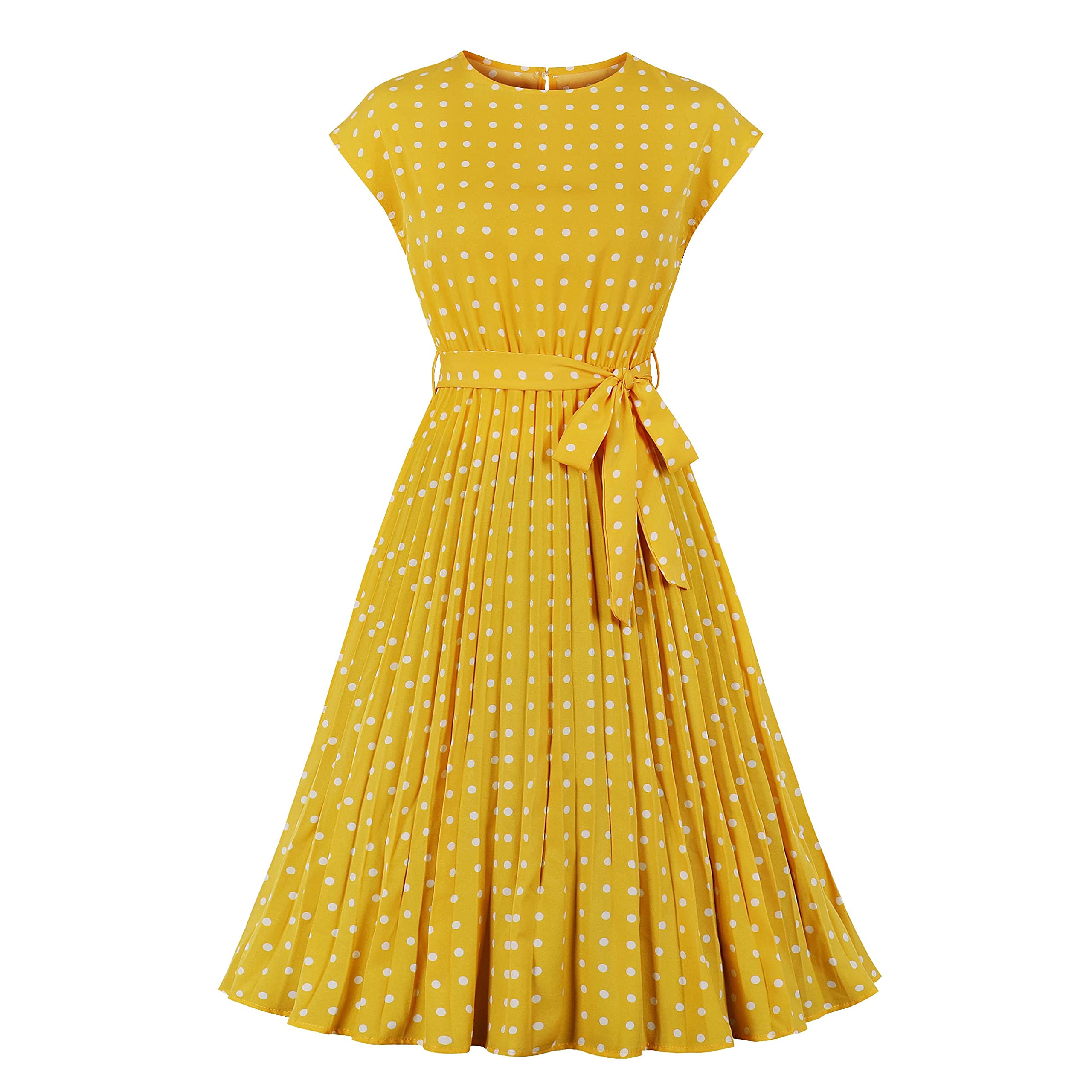 Wellwits Women's Cap Sleeves Pleated 40s 50s Vintage Dress Yellow Polka Dots L
