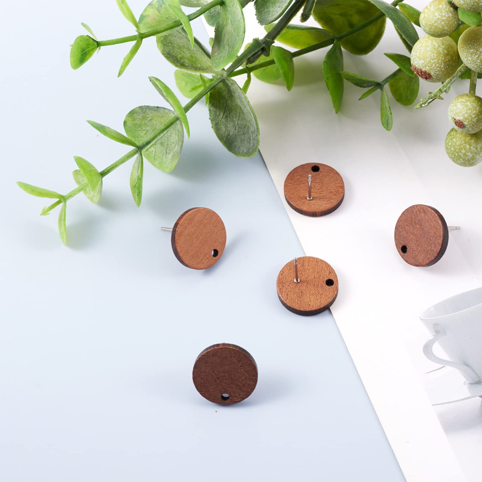 Pandahall 20 Pairs Walnut Wood Flat Round Shape Earring Findings 15mm Coconut Brown Dangle Stud Pendants with 304 Stainless Steel Pin for DIY Wooden Earrings Making