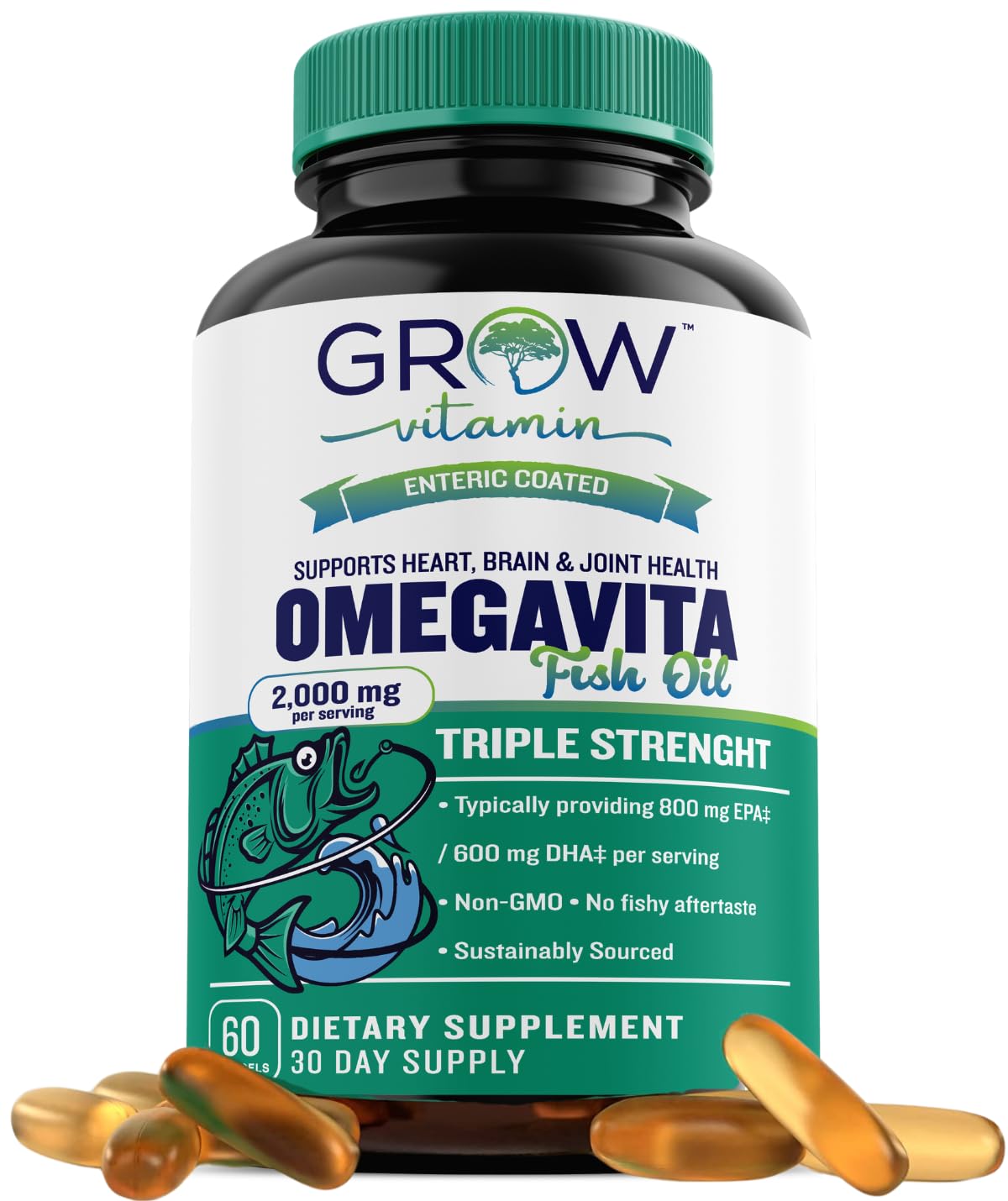 grow vitamin OmegaVita Fish Oil : 800 mg EPA 600 mg DHA Omega 3 Supplement for Heart, Brain & Immune Support, Absorbable Triple Strength Fish Oil Supplement - 2000 mg Per Serving, 30 Day Supply