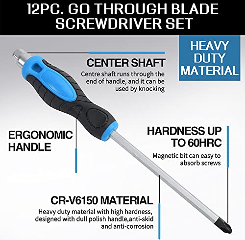 12-Piece Through steel core Screwdriver Set,Go-thru Steel Blade High Torque for Fastening,Chiseling or Loosening Seized Screws,6Phillips&6Slotted Magnetic Bit,With Carry Case.Gifts for men
