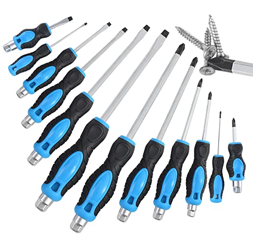 12-Piece Through steel core Screwdriver Set,Go-thru Steel Blade High Torque for Fastening,Chiseling or Loosening Seized Screws,6Phillips&6Slotted Magnetic Bit,With Carry Case.Gifts for men