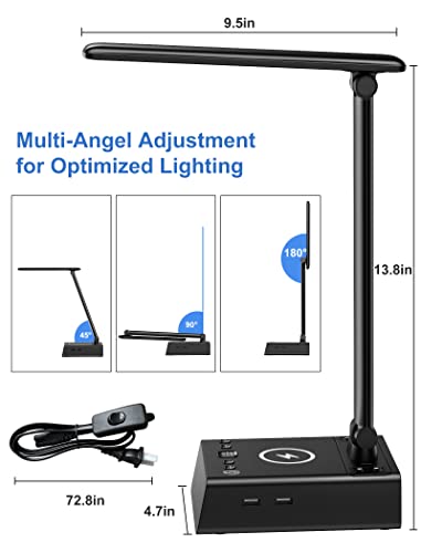LED Desk Lamp with 15W Wireless Charger, 2 USB Charging Ports, 2 Outlets, 3 Brightness Levels, Alarm Clock, Dimmable Eye Caring Reading Desk Light for Home Office dorm, Touch Control Table Lamp, Black
