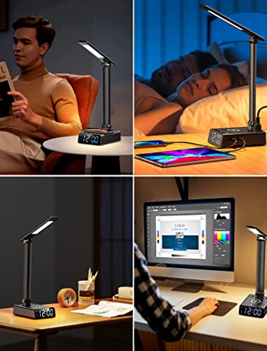 LED Desk Lamp with 15W Wireless Charger, 2 USB Charging Ports, 2 Outlets, 3 Brightness Levels, Alarm Clock, Dimmable Eye Caring Reading Desk Light for Home Office dorm, Touch Control Table Lamp, Black