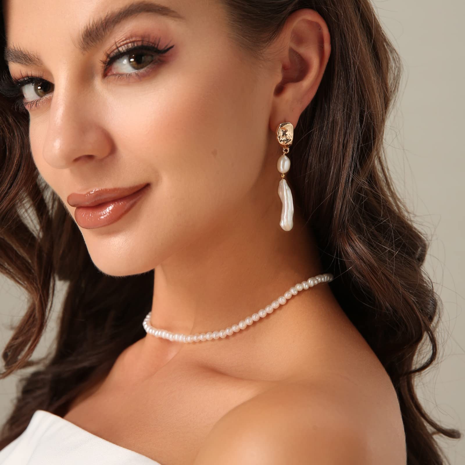 Baroque Keshi Pearls Stud Earring Natural Freshwater Pearls Dangle Earrings Gold Pearl Drop Earrings Jewelry S925 with 14K Gold Plated Modern Eardrop for Women