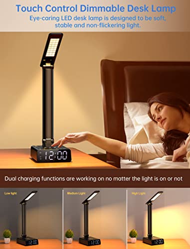 LED Desk Lamp with 15W Wireless Charger, 2 USB Charging Ports, 2 Outlets, 3 Brightness Levels, Alarm Clock, Dimmable Eye Caring Reading Desk Light for Home Office dorm, Touch Control Table Lamp, Black