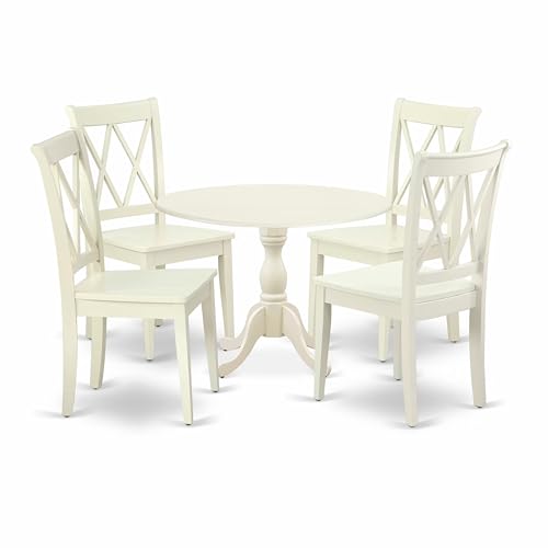 East West Furniture DMCL5-LWH-W 5 Piece Dining Room Table Set Includes a Round Dining Table with Dropleaf and 4 Wood Seat Chairs, 42x42 Inch, Linen White