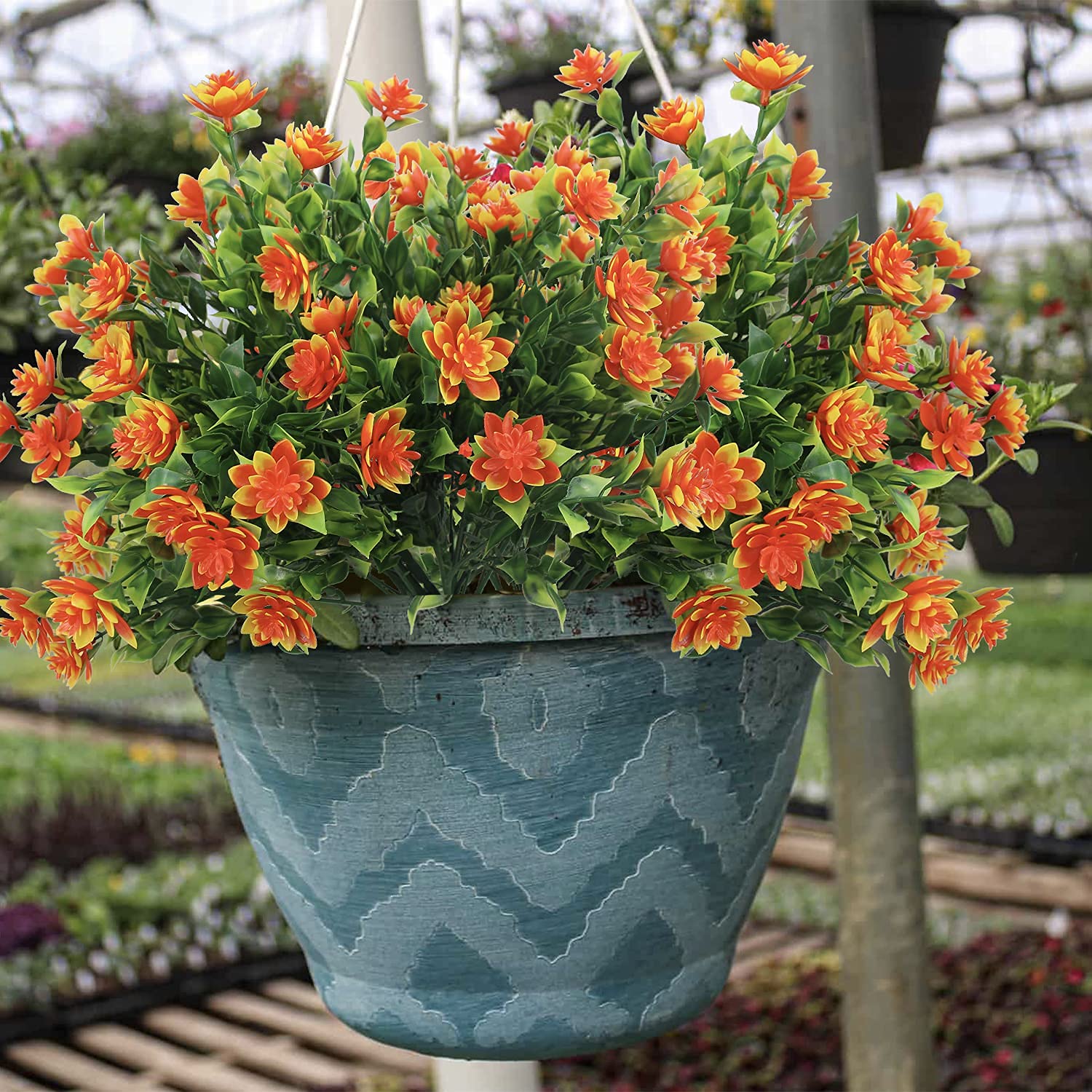 Rinlong 6Pcs Artificial UV Resistant Flowers Outdoor Fake Mums Plants Orange Plastic Flowers Plants Faux Flowers Fall Decor for Clearance Outdoor