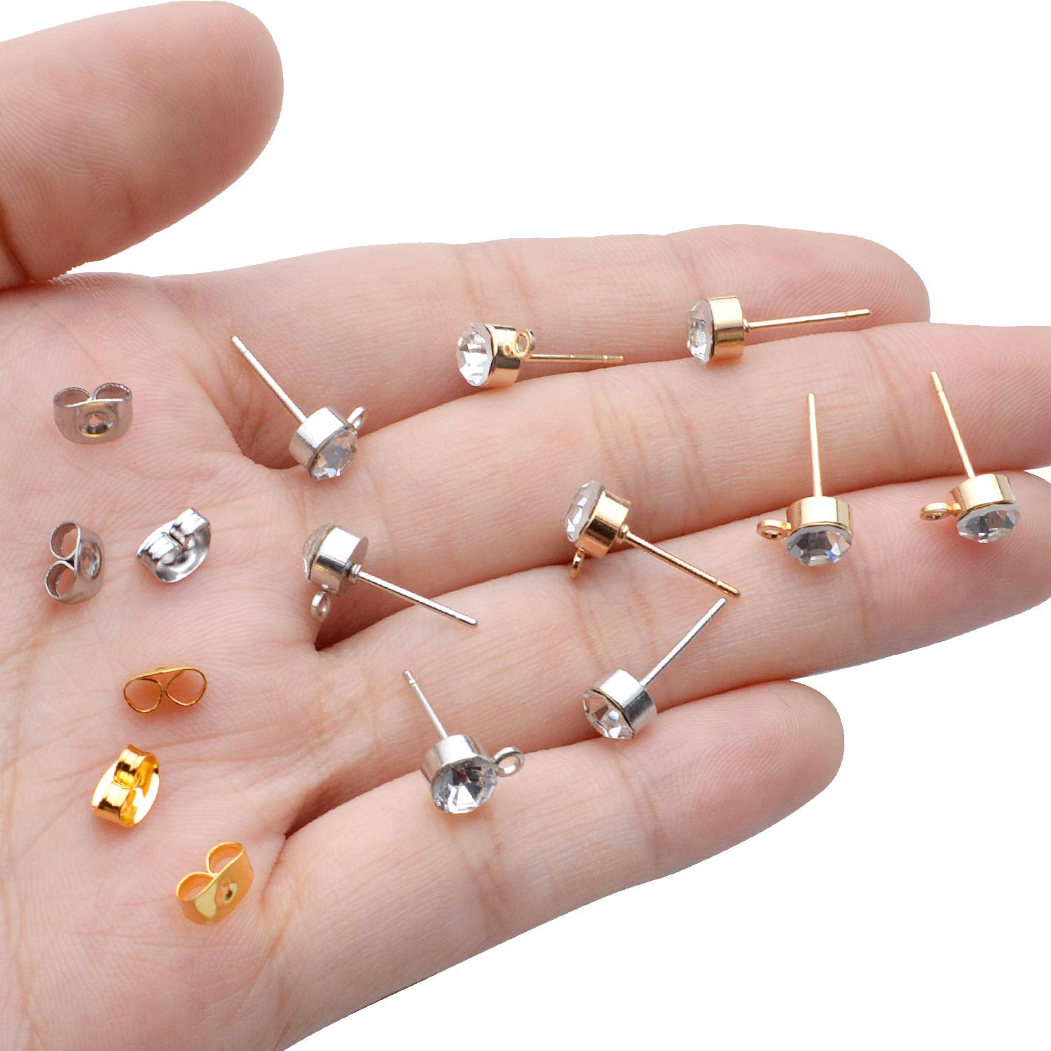 100pcs 5mm Rhinestone Earring Studs Hypoallergenic Earrings Posts with Loop and 100pcs Butterfly Earring Backs for DIY Earring Jewelry Making Supplies