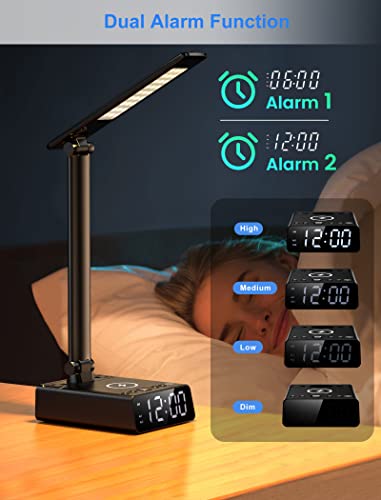 LED Desk Lamp with 15W Wireless Charger, 2 USB Charging Ports, 2 Outlets, 3 Brightness Levels, Alarm Clock, Dimmable Eye Caring Reading Desk Light for Home Office dorm, Touch Control Table Lamp, Black