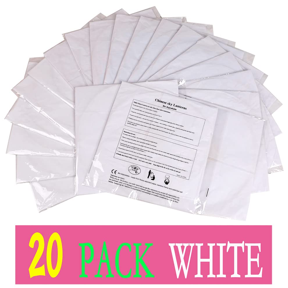 20 Pack of White Lanterns, Lanterns to Release for Parties, Birthdays, New Years, Memorial, Weddings.