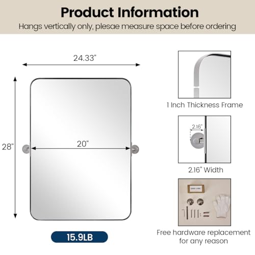 MOON MIRROR Polished Chrome Pivot Mirror for Bathroom, Tilt Bathroom Vanity Mirror,Rounded Rectangle Pivoting Mirror, Overall 24.33 x 28 inches(Mirror 20 x 28 inches)