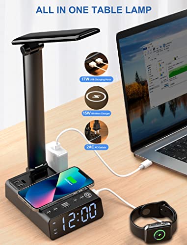 LED Desk Lamp with 15W Wireless Charger, 2 USB Charging Ports, 2 Outlets, 3 Brightness Levels, Alarm Clock, Dimmable Eye Caring Reading Desk Light for Home Office dorm, Touch Control Table Lamp, Black