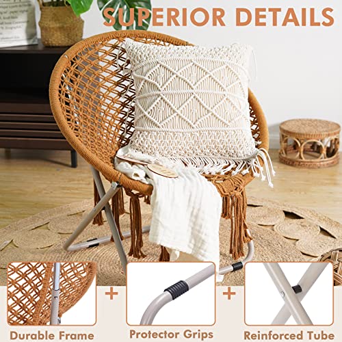 PASAMIC Boho Chair with Folding Metal Frame, 100% Cotton Handmade Round Cozy Chairs, Exquisite Comfy Chair for Bedroom, Living Room Décor Coffee