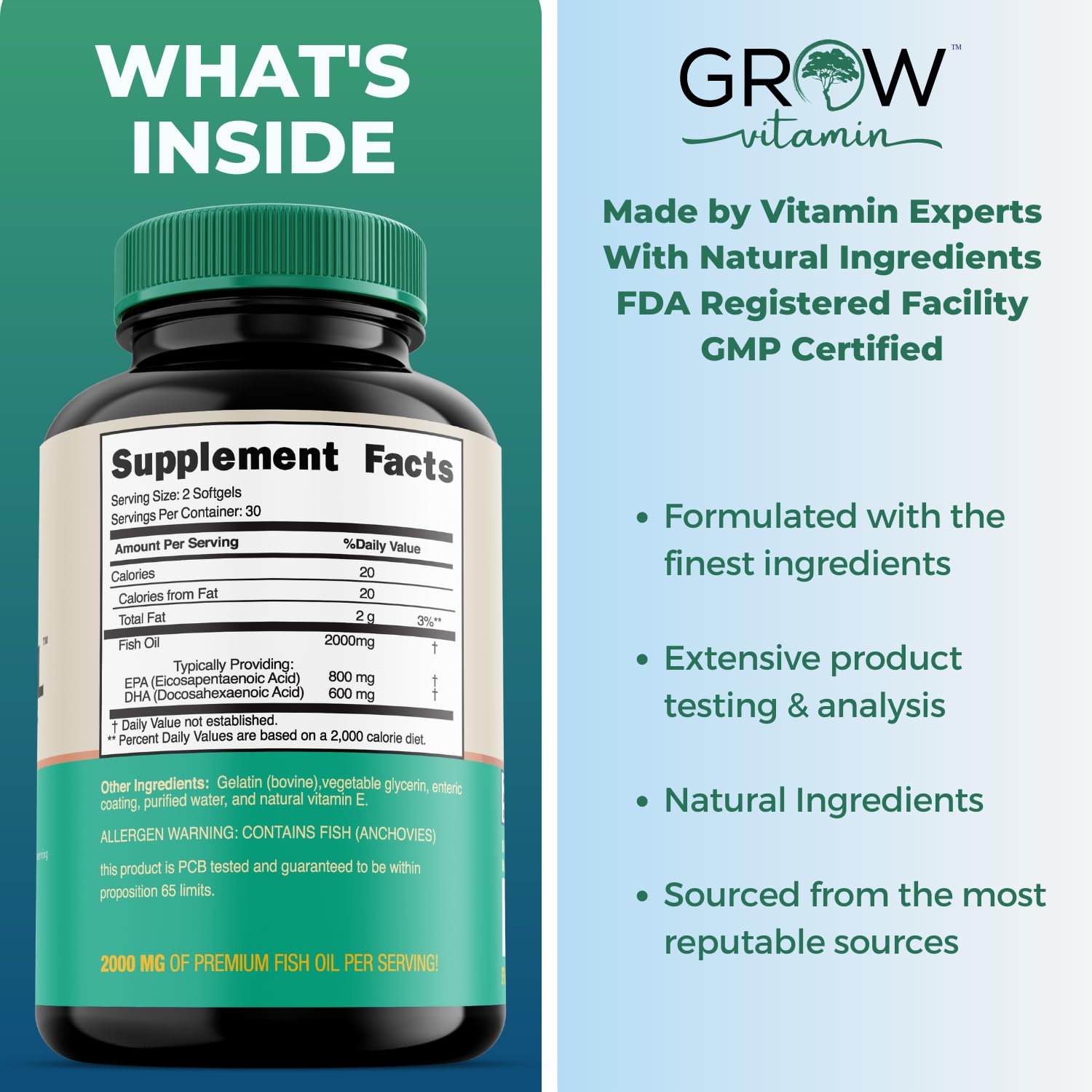 grow vitamin OmegaVita Fish Oil : 800 mg EPA 600 mg DHA Omega 3 Supplement for Heart, Brain & Immune Support, Absorbable Triple Strength Fish Oil Supplement - 2000 mg Per Serving, 30 Day Supply