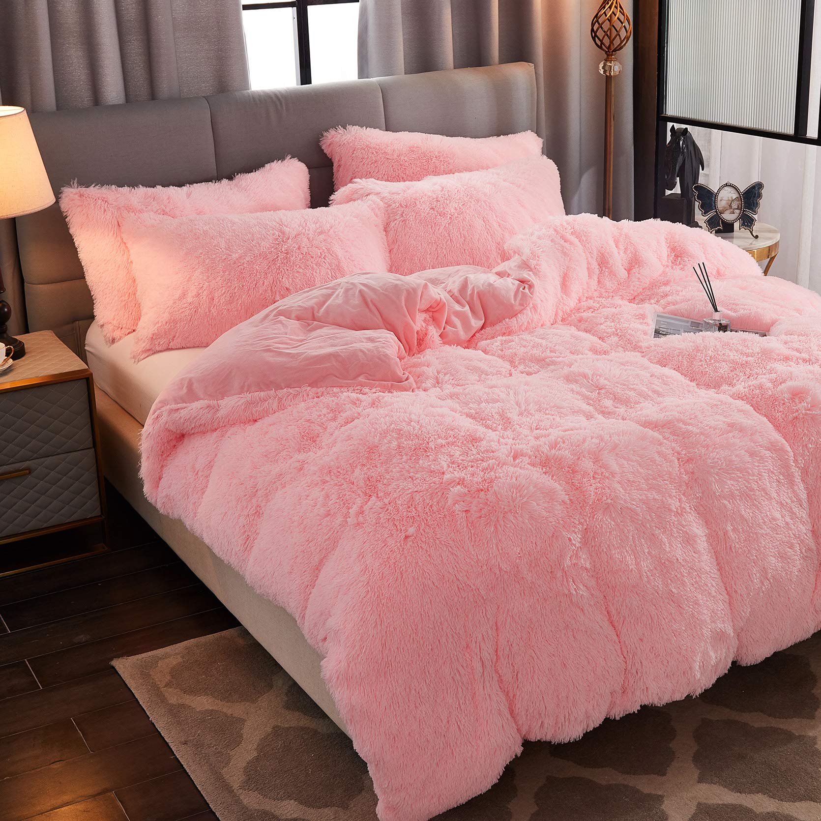 WERDIM Shaggy Fluffy Faux Fur Duvet Cover Set Button Closure Velvety Bedding Set Comforter Cover with Pillowcase Pink, Twin Size
