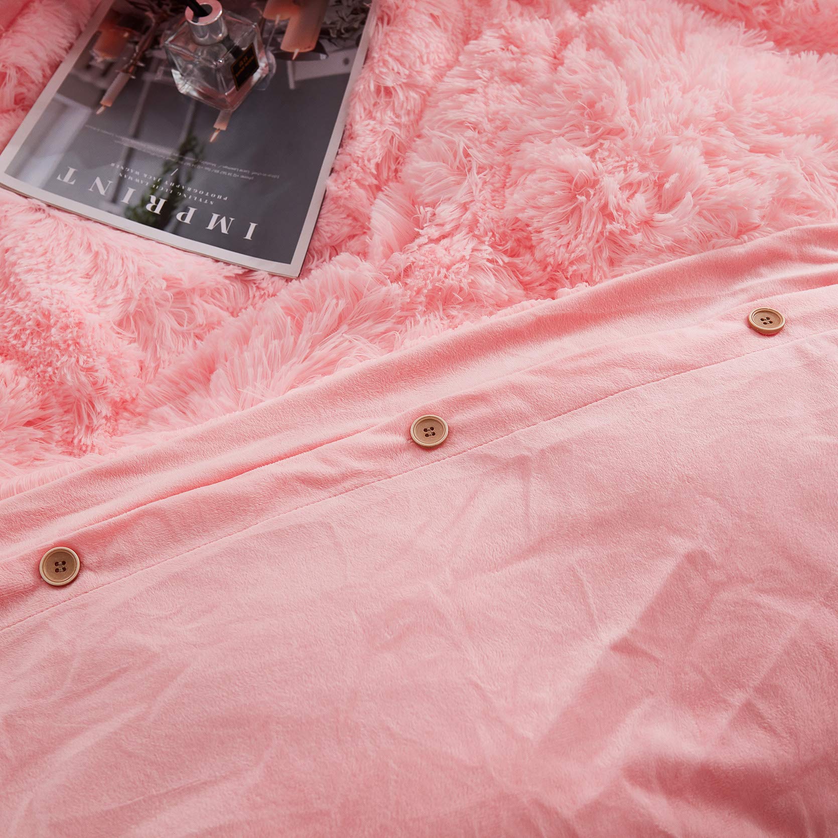 WERDIM Shaggy Fluffy Faux Fur Duvet Cover Set Button Closure Velvety Bedding Set Comforter Cover with Pillowcase Pink, Twin Size