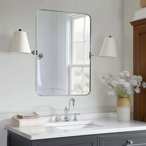 MOON MIRROR Polished Chrome Pivot Mirror for Bathroom, Tilt Bathroom Vanity Mirror,Rounded Rectangle Pivoting Mirror, Overall 24.33 x 28 inches(Mirror 20 x 28 inches)
