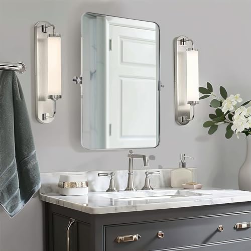 MOON MIRROR Polished Chrome Pivot Mirror for Bathroom, Tilt Bathroom Vanity Mirror,Rounded Rectangle Pivoting Mirror, Overall 24.33 x 28 inches(Mirror 20 x 28 inches)
