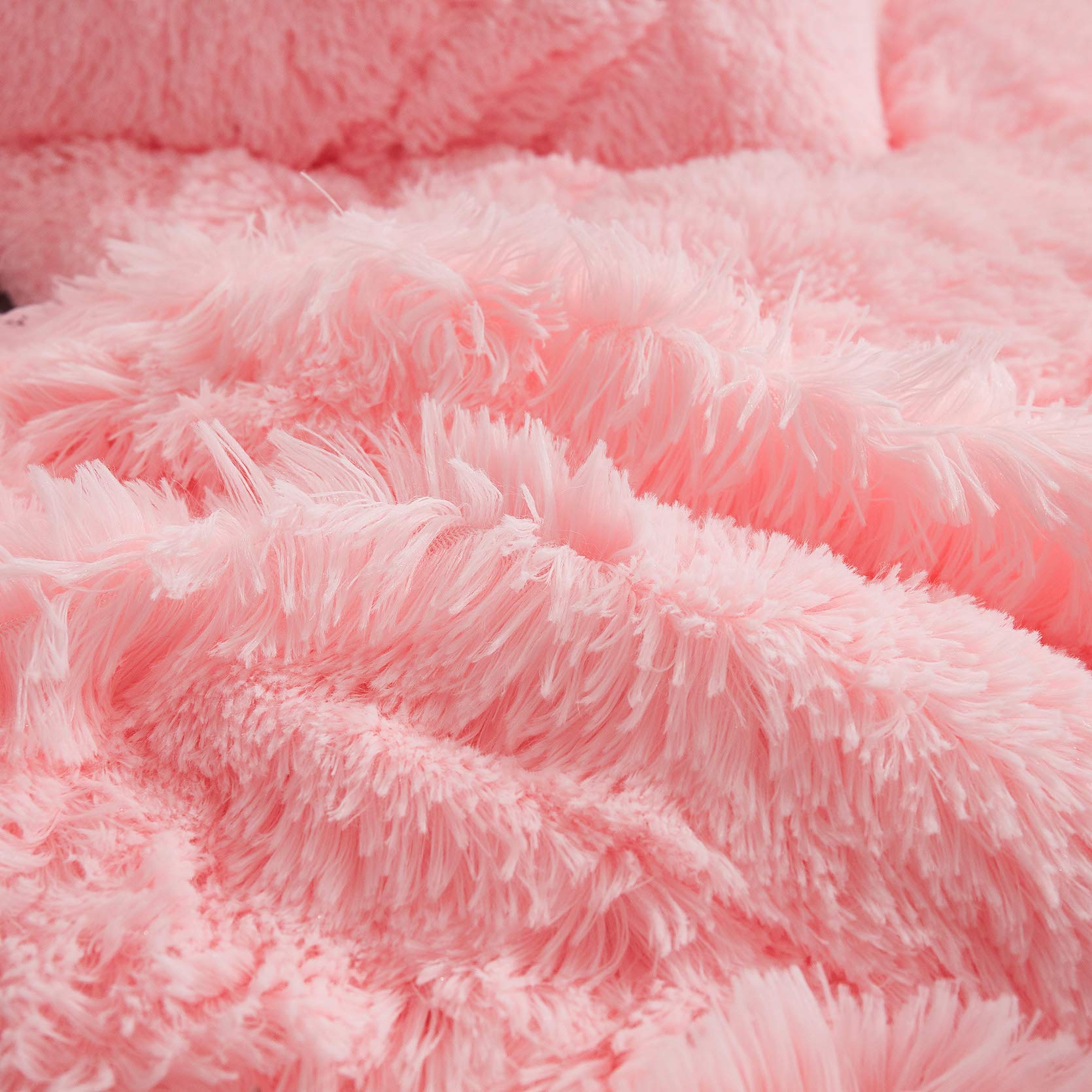 WERDIM Shaggy Fluffy Faux Fur Duvet Cover Set Button Closure Velvety Bedding Set Comforter Cover with Pillowcase Pink, Twin Size