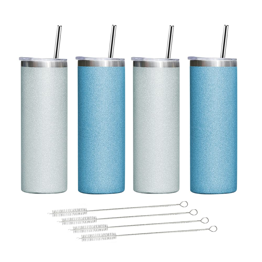 AGH 20 oz Sublimation Tumblers Glitter Tumbler Set, 4 pack Insulated Skinny Tumblers Bulk with Lid and Metal Straw, Stainless Steel Double Wall Coffee Mug for Iced Hot Drinks, Beverages