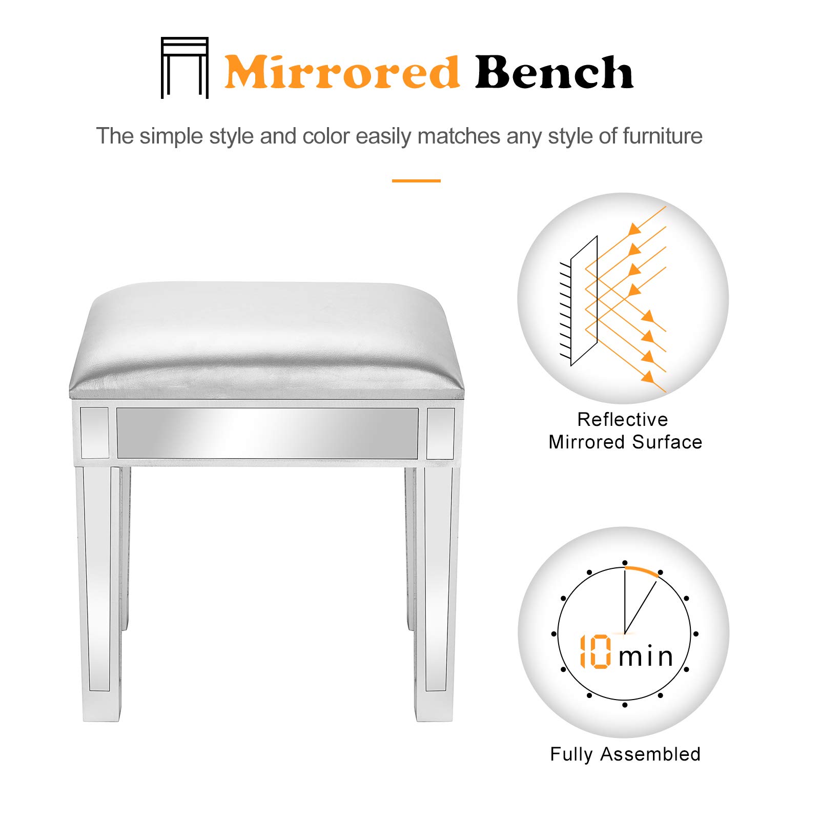 VINGLI Mirrored Vanity Stool with Storage, Faux Leather Ottoman, Makeup Dressing Table Bench, Silver