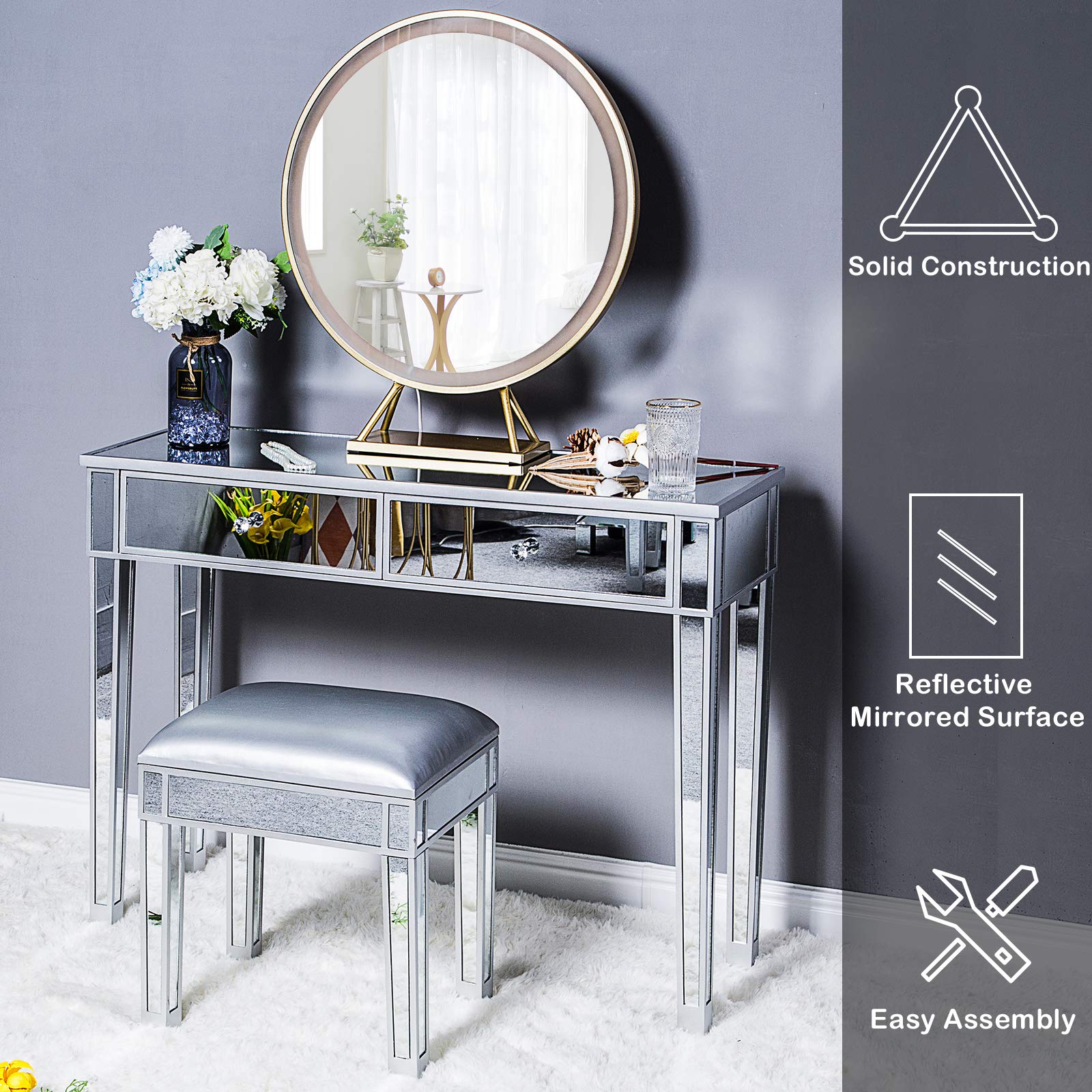 VINGLI Mirrored Vanity Stool with Storage, Faux Leather Ottoman, Makeup Dressing Table Bench, Silver