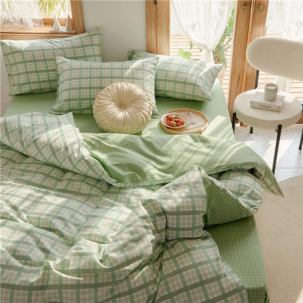 LifeTB 4 PCS Reversible Green Plaid Duvet Cover Set 【1 Queen Duvet Cover + 2 Standard Pillowcases + 1 Queen Fitted Sheet】