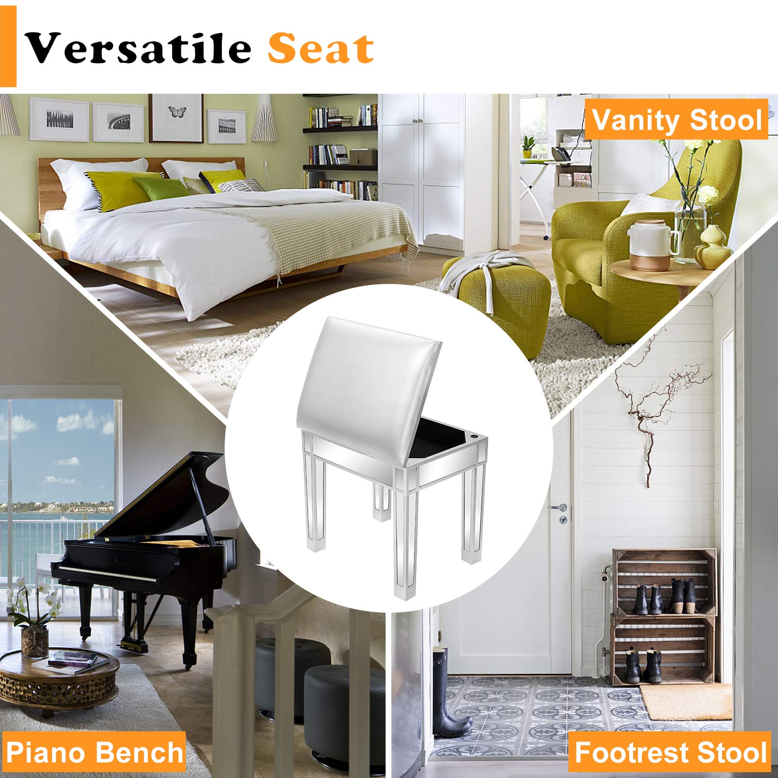 VINGLI Mirrored Vanity Stool with Storage, Faux Leather Ottoman, Makeup Dressing Table Bench, Silver