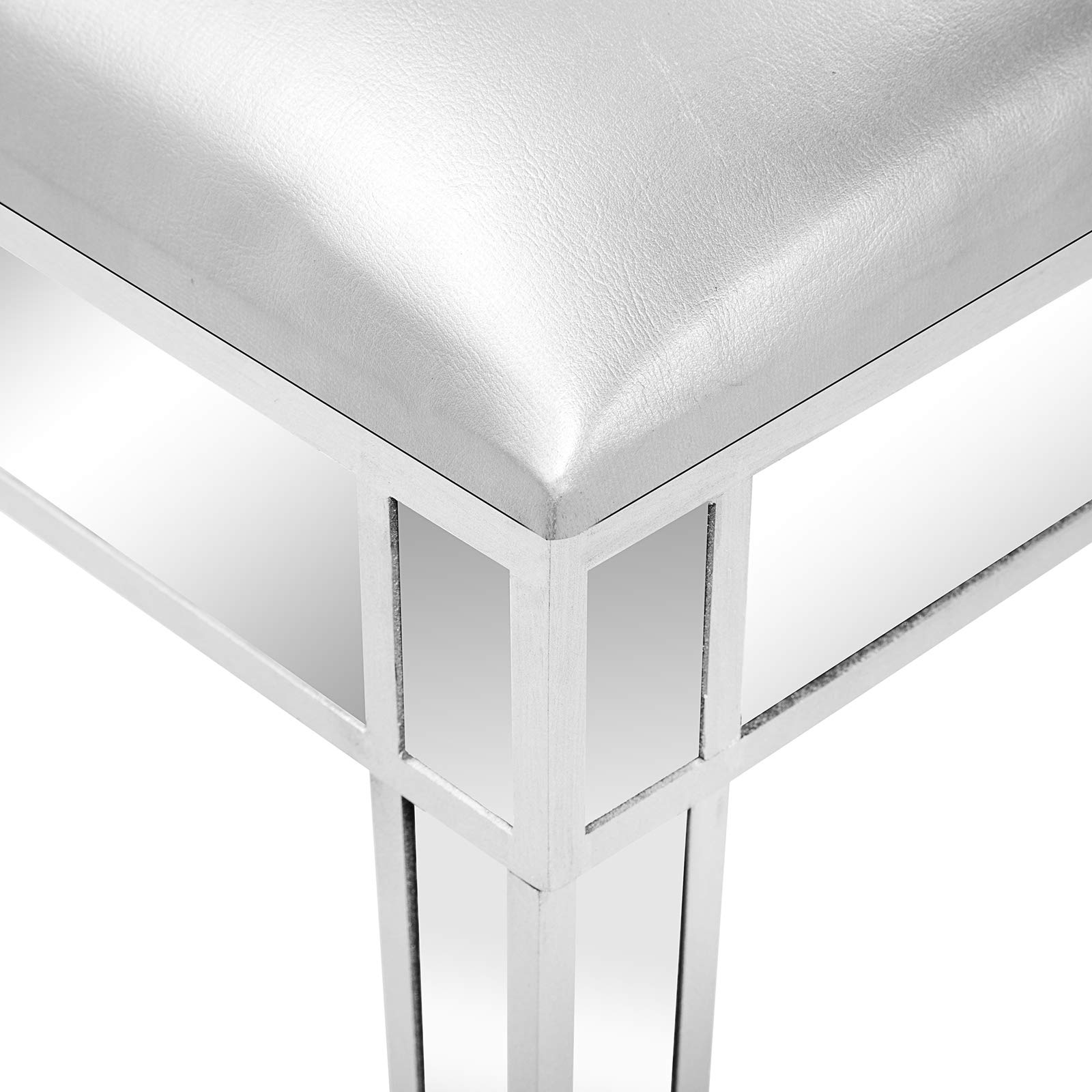 VINGLI Mirrored Vanity Stool with Storage, Faux Leather Ottoman, Makeup Dressing Table Bench, Silver