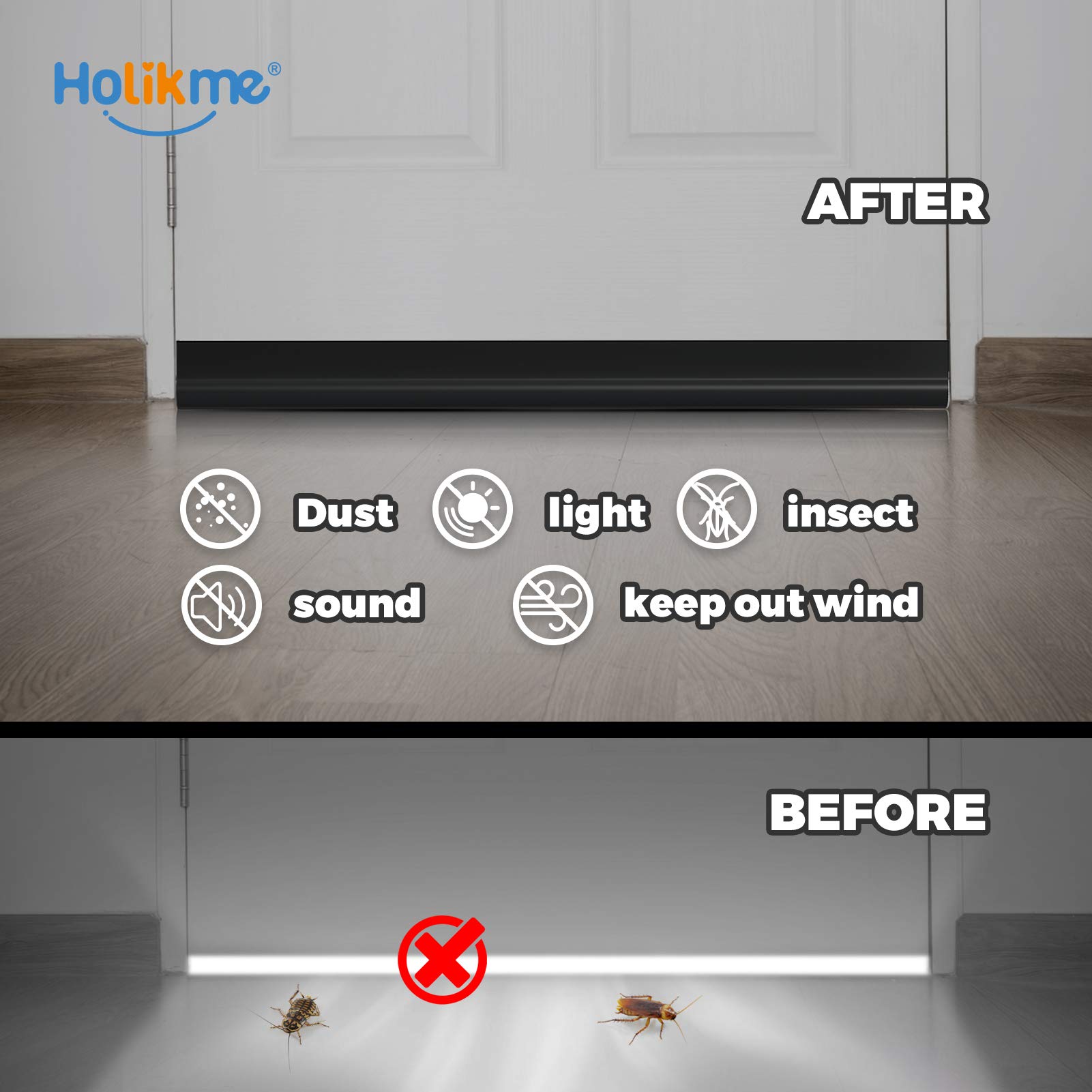 Holikme 2 Pack Door Draft Stopper Weather Stripping,Door Sweep,Adjustable Under Door Draft Blocker,Insulator, Suitable for Interior／Exterior Doors, 36” Length (Black)