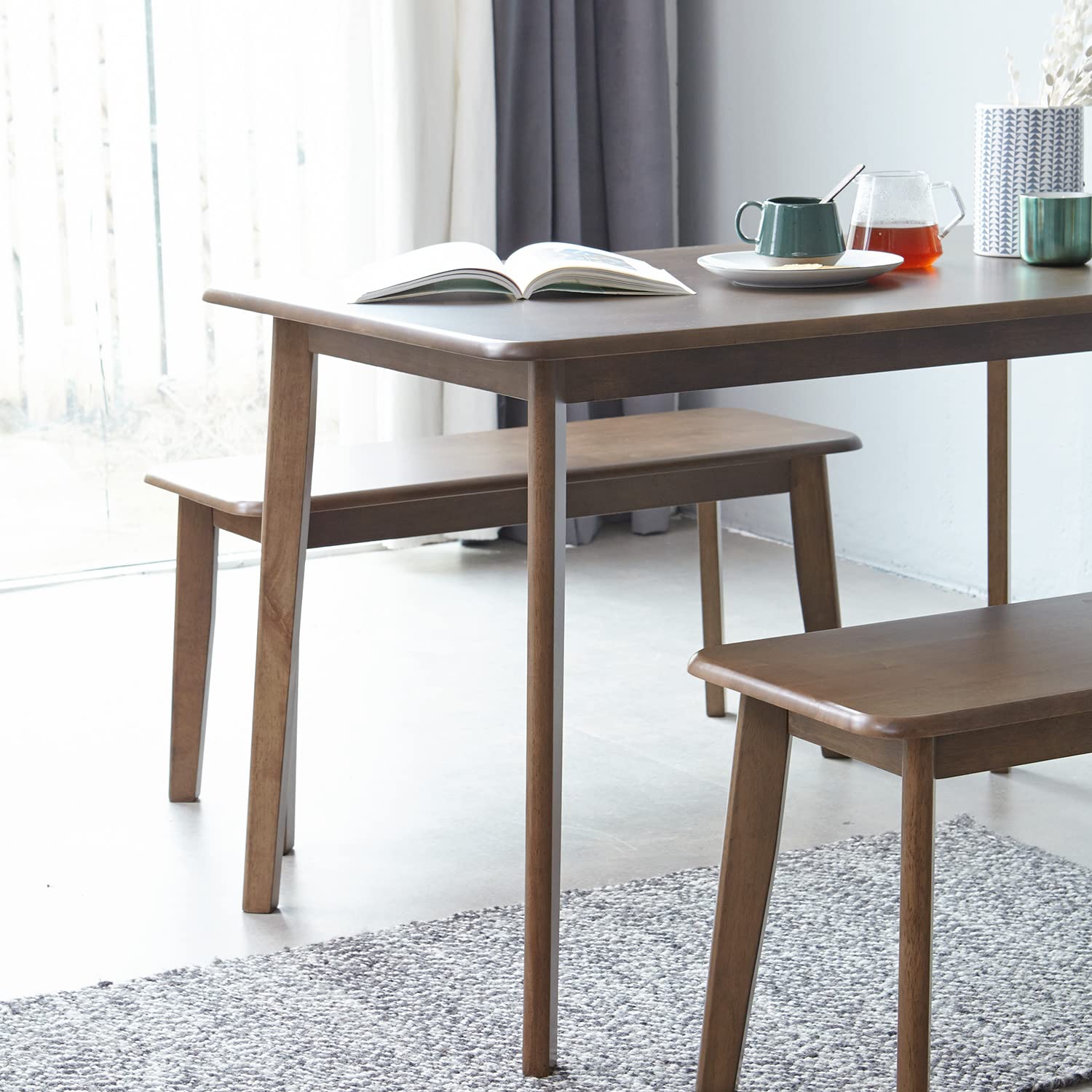 Livinia 3-Piece Dining Table Set, Canberra 47.2" Table (Walnut) Canberra 37.4" Dining Bench (Walnut) Set