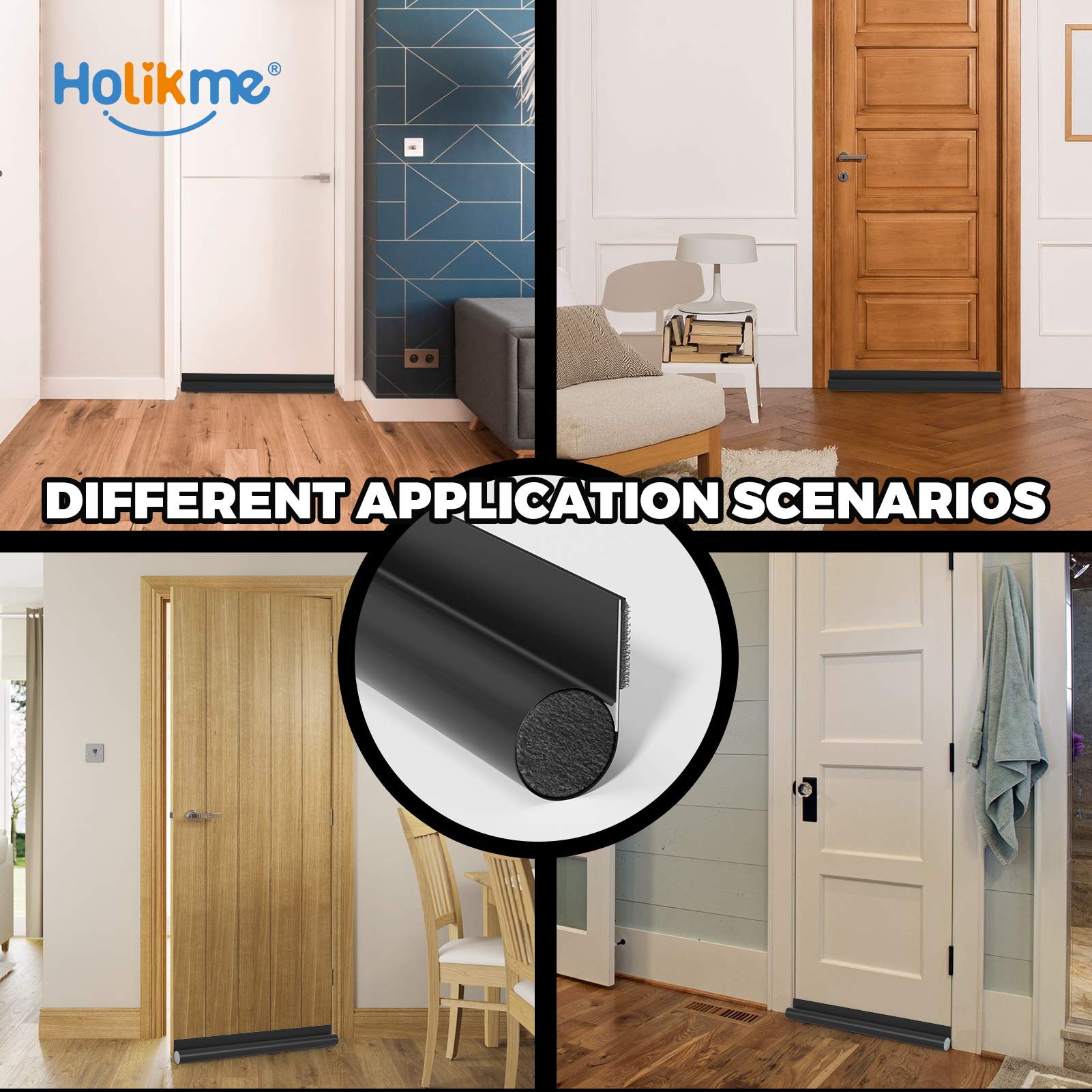 Holikme 2 Pack Door Draft Stopper Weather Stripping,Door Sweep,Adjustable Under Door Draft Blocker,Insulator, Suitable for Interior／Exterior Doors, 36” Length (Black)