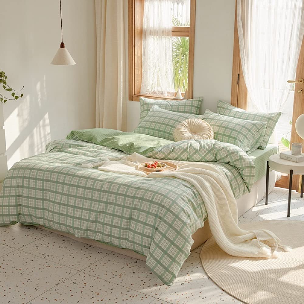 LifeTB 4 PCS Reversible Green Plaid Duvet Cover Set 【1 Queen Duvet Cover + 2 Standard Pillowcases + 1 Queen Fitted Sheet】