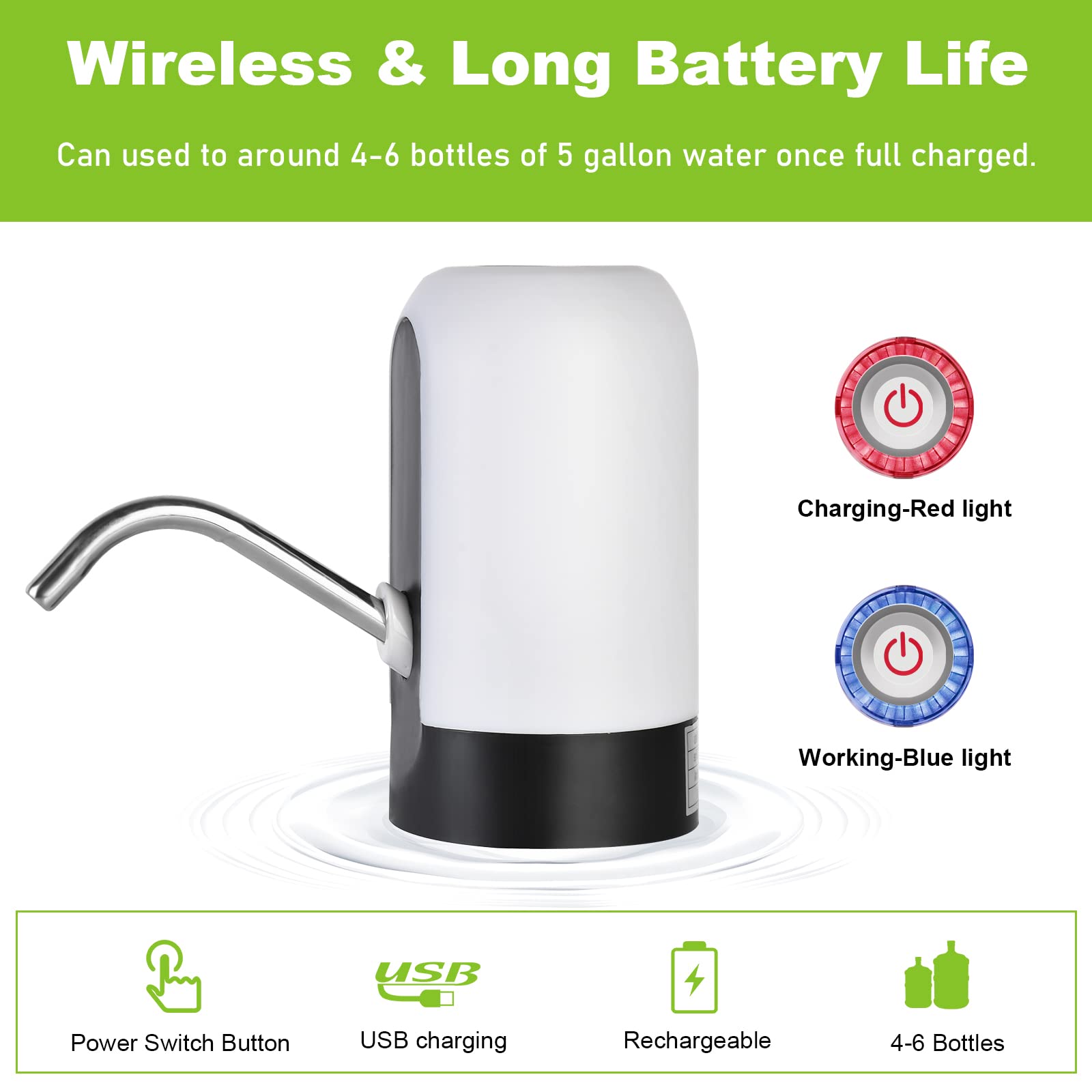 Calogy 5 Gallon Water Dispenser, Electric Drinking Water Pump with Rechargeable, Portable Automatic Water Bottle Pump for Camping Kitchen Home Office - White