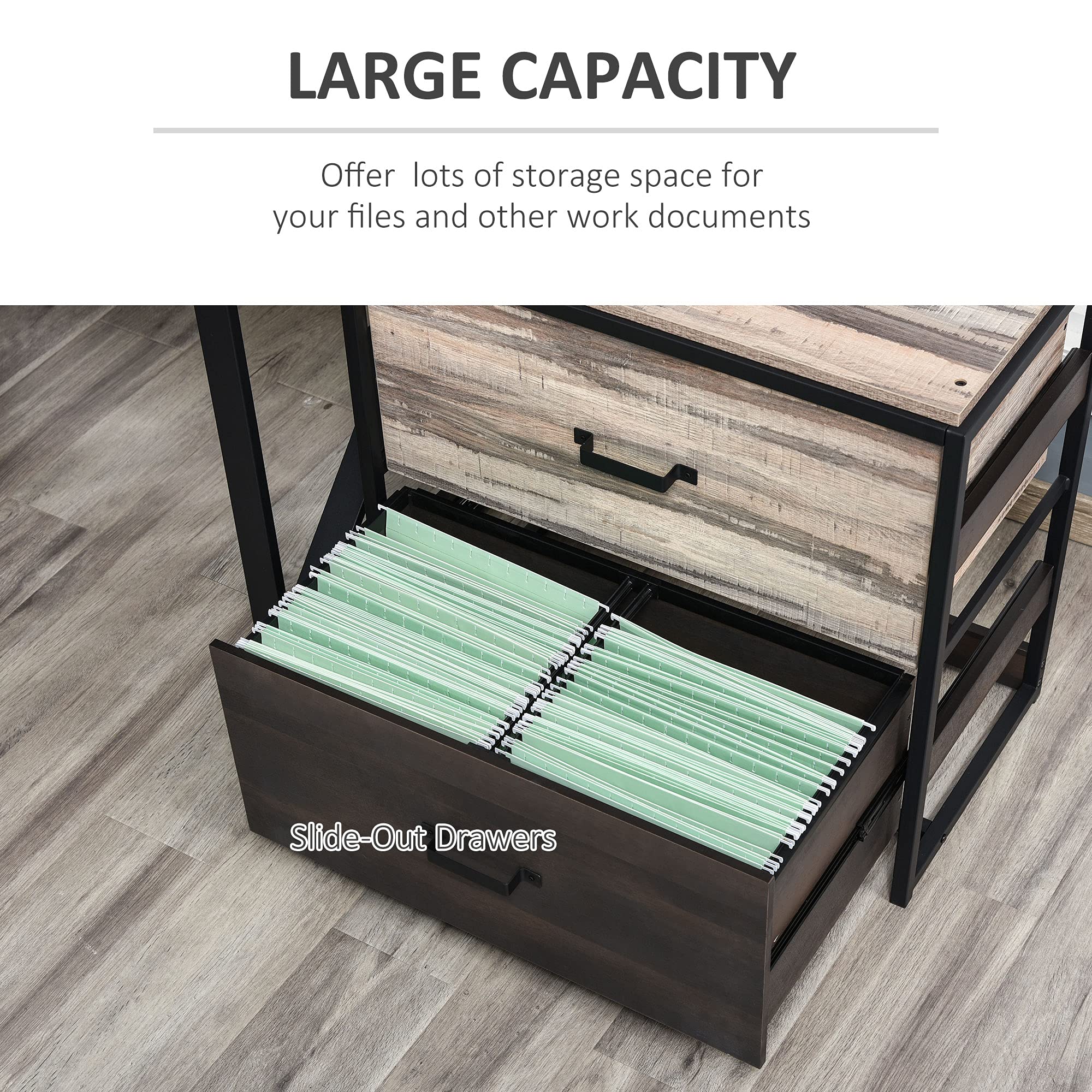 Vinsetto Lateral Office File Cabinet with 2 Large Drawers and Adjustable Metal Hanging Bars for A4, Letter and Legal Sized Files, Storage Organizer, Brown/Black