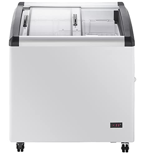 Duura Commercial Mobile Ice Cream Display Chest Freezer Sub Zero Temp Curved Glass Top Frost Free Lid with 3 Wire Baskets, 31.5 Inch Wide 4.87 Cubic Feet, White