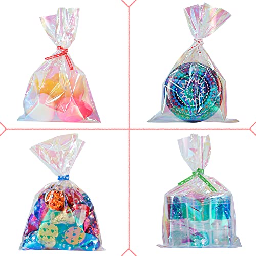 HRX Package 100pcs Small Iridescent Cellophane Treat Bags with Ties, 4x6 inch Holographic Plastic Goody Bags for Candy, Cake Pops, Favors